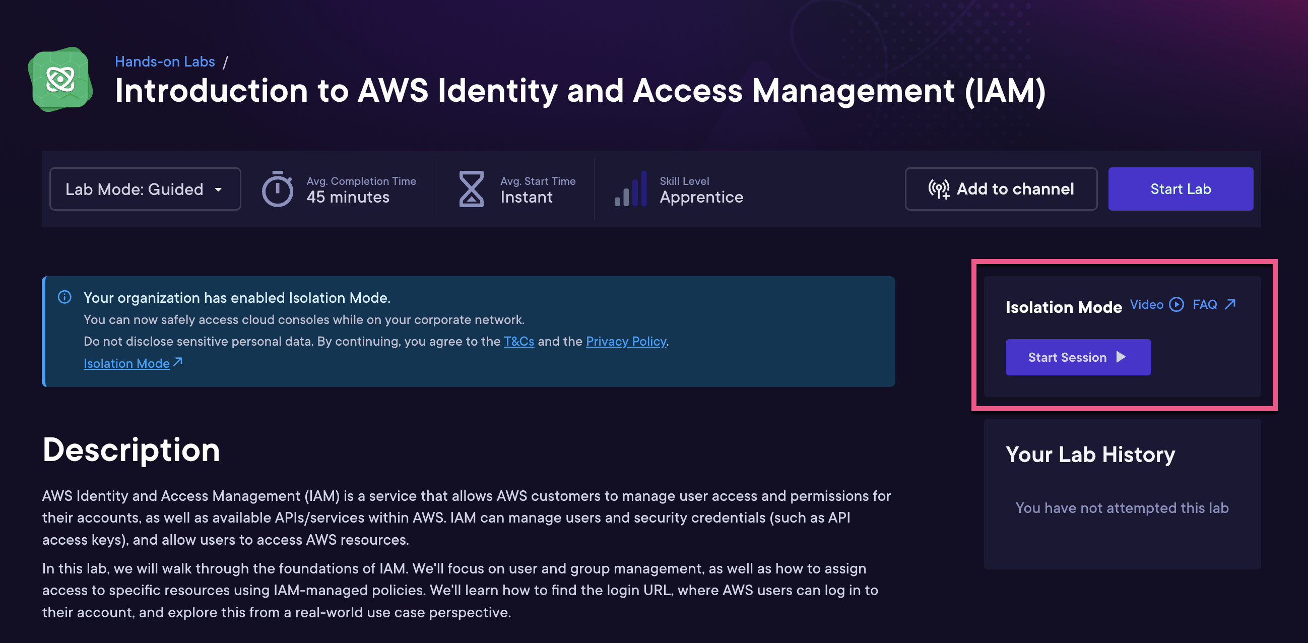 Isolation mode for labs and sandboxes – Pluralsight Help Center